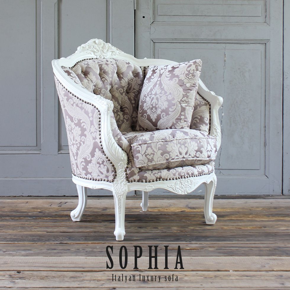 ソフィア 1人掛け ロココ調ソファ ピンクダマスクファブリック 1008-1-18f68b ■コメント■ 最高級エレガンスソファ Sophia（ソフィア）シリーズ 15世紀ヨーロッパの繁栄を極めたルネサンス 優美さと繊細さの頂点に立ち高い彫...
