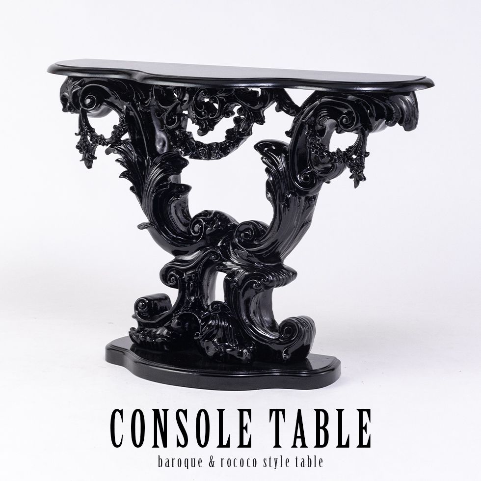 アンティーク調 コンソールテーブル ブラック　fp4001-b ■コメント■ FRP（繊維強化プラスチック）の特性を最大限に活かした豪華なコンソールテーブル 随所に施された装飾が、空間に圧倒的な存在感を与えます 木彫りでは手間とコストがかか...