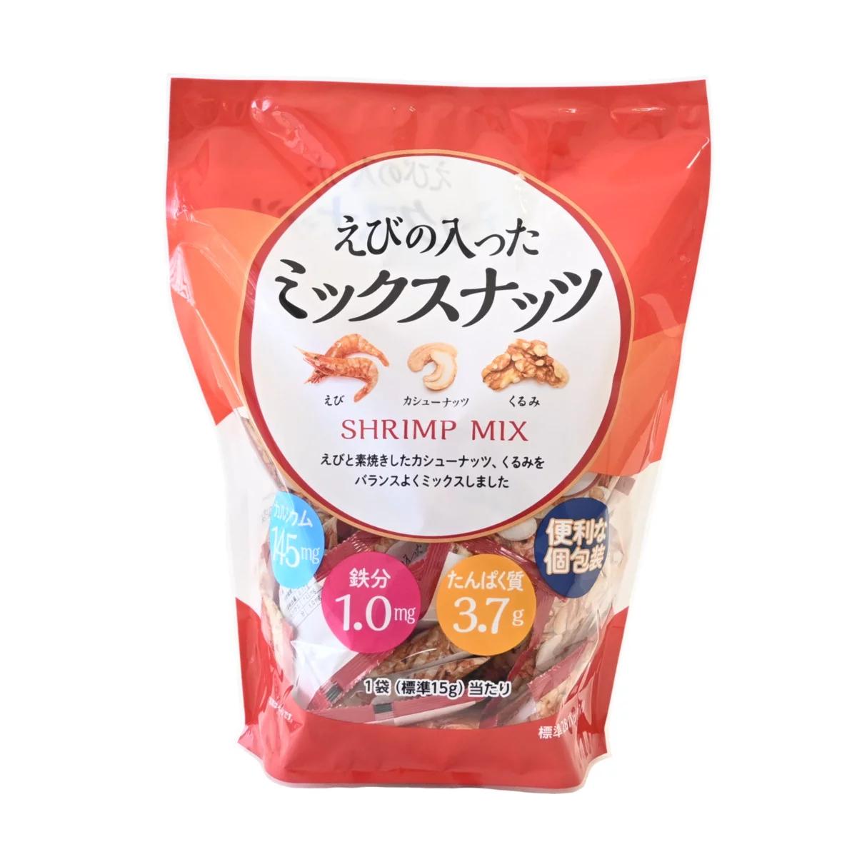 標準28袋入り 便利な個包装パック 1袋でカルシウム・鉄分・たんぱく質を美味しく補給 えびの旨味とナッツのコクが絶妙にマッチ。