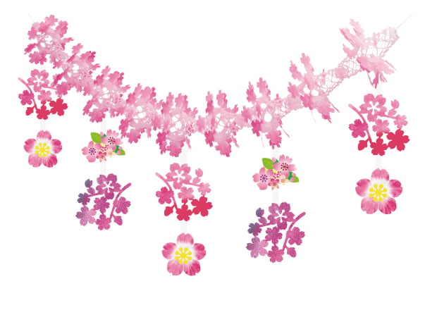 店舗飾りやディスプレーに使える、春の雰囲気を出す飾りです。天井などから端と端を吊るして飾ります。季節が終われば折りたたんでコンパクトにしまっておけます。 ■大きさ : 高さ約45cmX長さ約180cm ■材質 : 不織布　