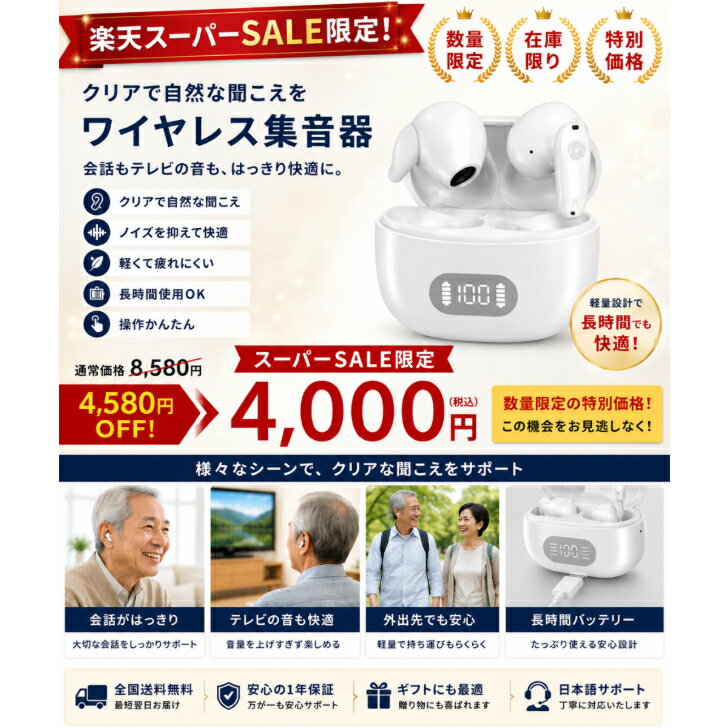 この商品は スーパーセール期間限定 補聴器ではない 小型 Type-C USB充電式 集音器 イヤホン型 経済的 軽量 しゅうおんき 目立たない 充電数字表示 高齢者 おしゃれ コンパクト簡単操作 帰省ギフト 贈り物 白い 雑音低減機能 安...