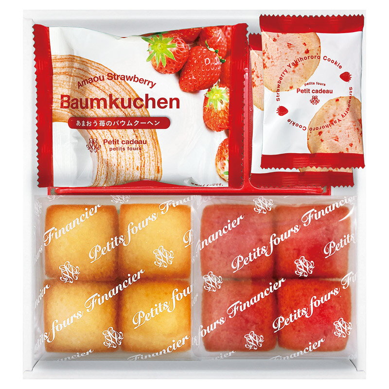 PRODUCT SPECIFICATIONS商品仕様商品名あまおう苺バウムクーヘン&amp;プチフィナンシェ ギフトボックス型番FAO-15Rセット内容焼きほろろクッキー(イチゴ)×2、あまおう苺バウムクーヘン・プチフィナンシェ(あまおう苺...