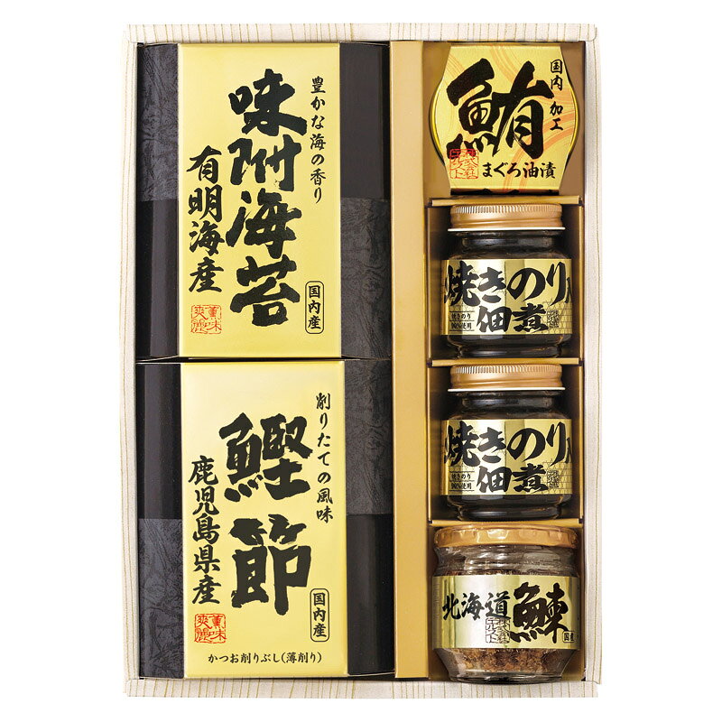 PRODUCT SPECIFICATIONS商品仕様商品名美味之誉 詰合せ型番5873-30セット内容セット内容/焼きのり入佃煮(85g)×2、まぐろ油漬け(70g)・北海道産鰊フレーク(50g)・鹿児島県産鰹節(2g×3)・有明海産味附海...