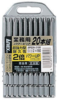 ●ブローケース入りなのでマグネットの入ったビットに鉄粉が付きません ●メッキ層の影響を受けないラッカー＋防錆油処理(ブラック) ●マグネット付き 　 　 品番 刃先×全長(L) 入数 AP20-2045 +2x45 20 AP20-2065...