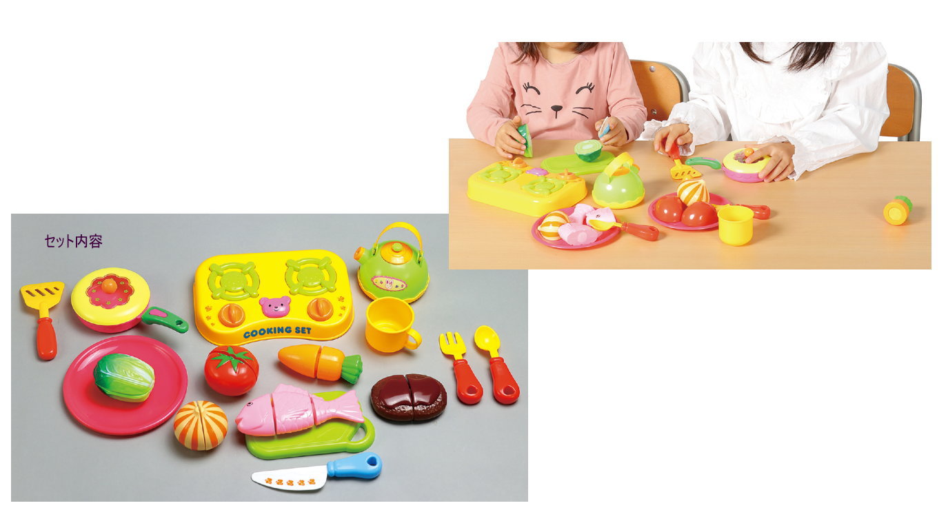 調理器具・食器・食材がひととおりそろったお料理セット！ コンロ色取り混ぜ 商品サイズ：コンロ：185×125×30mm