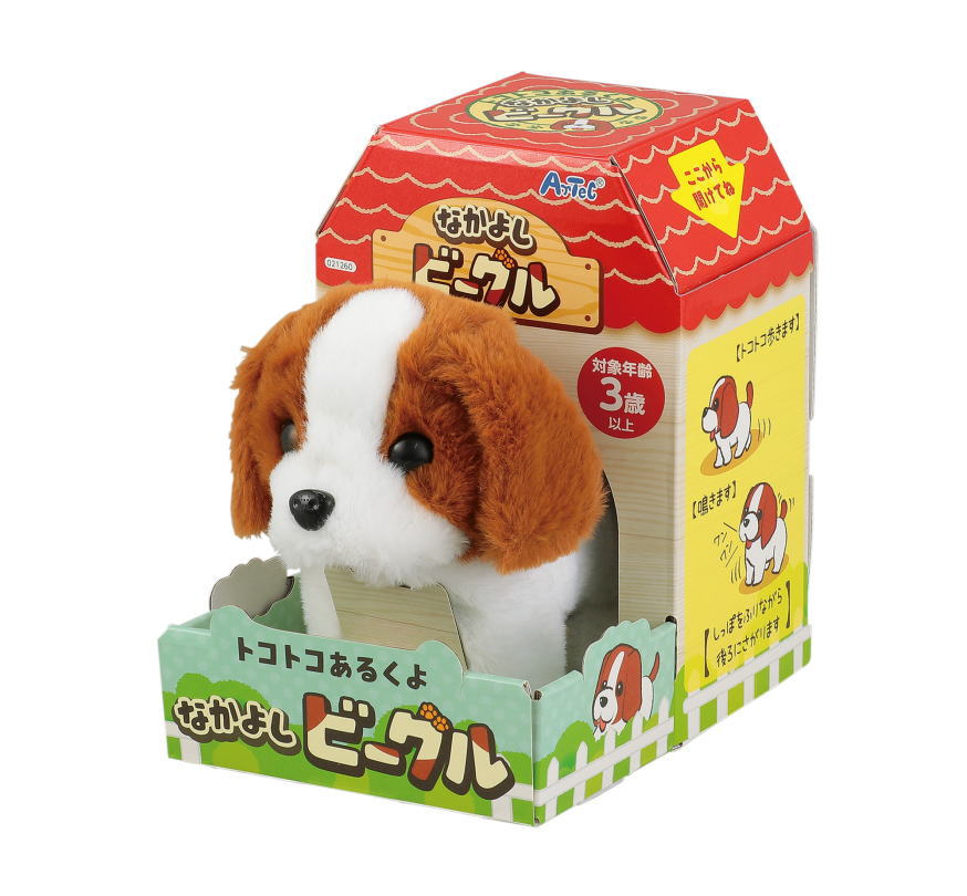 かわいいペットと一緒に遊ぼう！ トコトコ前進し、立ち止まりしっぽを振り鳴きながら後ろに下がるかわいいビーグルの電動ぬいぐるみです。 130×185×180mm 材質：ポリエステル、紙