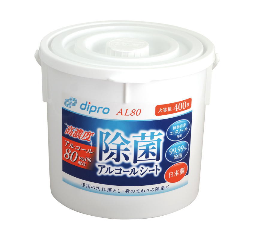 アルコール濃度80vol％配合のアルコールシート アルコール（80％）を使用 総枚数400枚 サイズ：220×220×195mm 材質：不織布、エタノール、乳酸ナトリウム、精製水