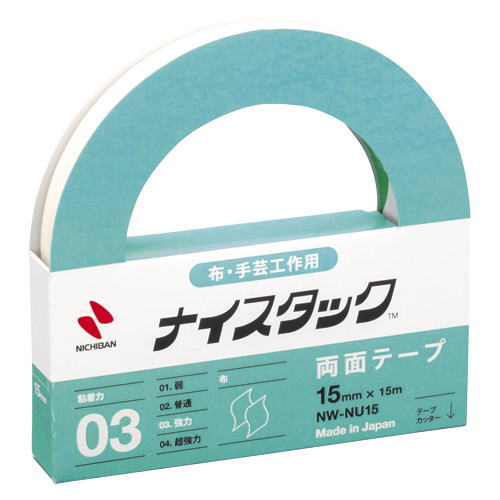 ●寸法：幅15mm×長15m ●テープ厚：0.15mm ●用途：布、紙、プラスチック、木材用 ●材質：基材=不織布、巻芯=古紙使用 ●カッター付