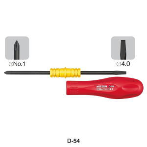 1本で2サイズ使えるドライバー 　 【製品仕様】 品番 サイズmm 全長mm 軸長mm 軸径 mmφ ハンドル径 mmφ 重量g D-52 +No.00/-2.5×0.4 181 57+57 3.0 29.5 40 D-54 +No.1/-...