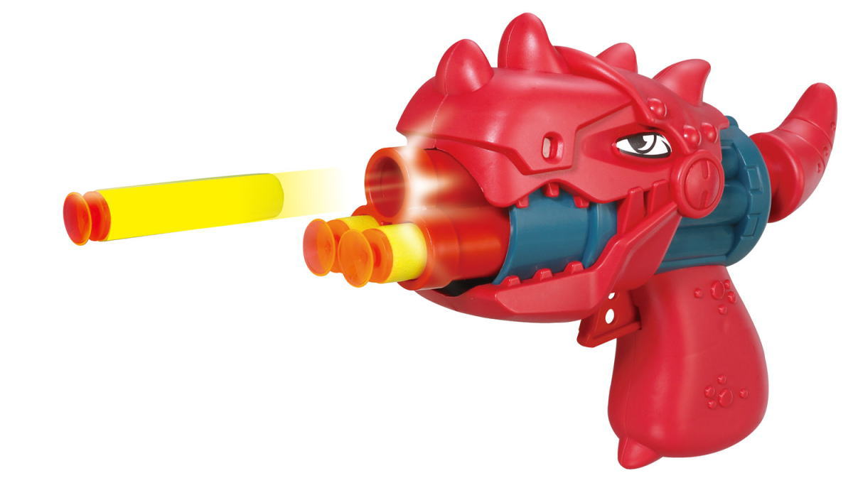 かっこいい恐竜のスポンジ銃！ 恐竜型の銃の玩具です。 弾は怪我をしにくいスポンジ素材。 人や動物に向けて射撃しないようにしてください。 弾の先には吸盤がついており平面な面にくっつきます。 弾は一度に3つ装填できます。 サイズ：155×120...