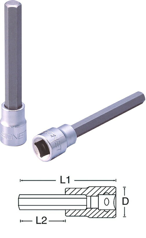 ★特長★ ・六角キャップスクリュー用のロングビットソケット ・差込角:3/8"(9.5mm) ★仕様★ ・サイズ:7mm ・全長(L1):100mm ・軸径(L2):75.0mm ・外径(D):18mm