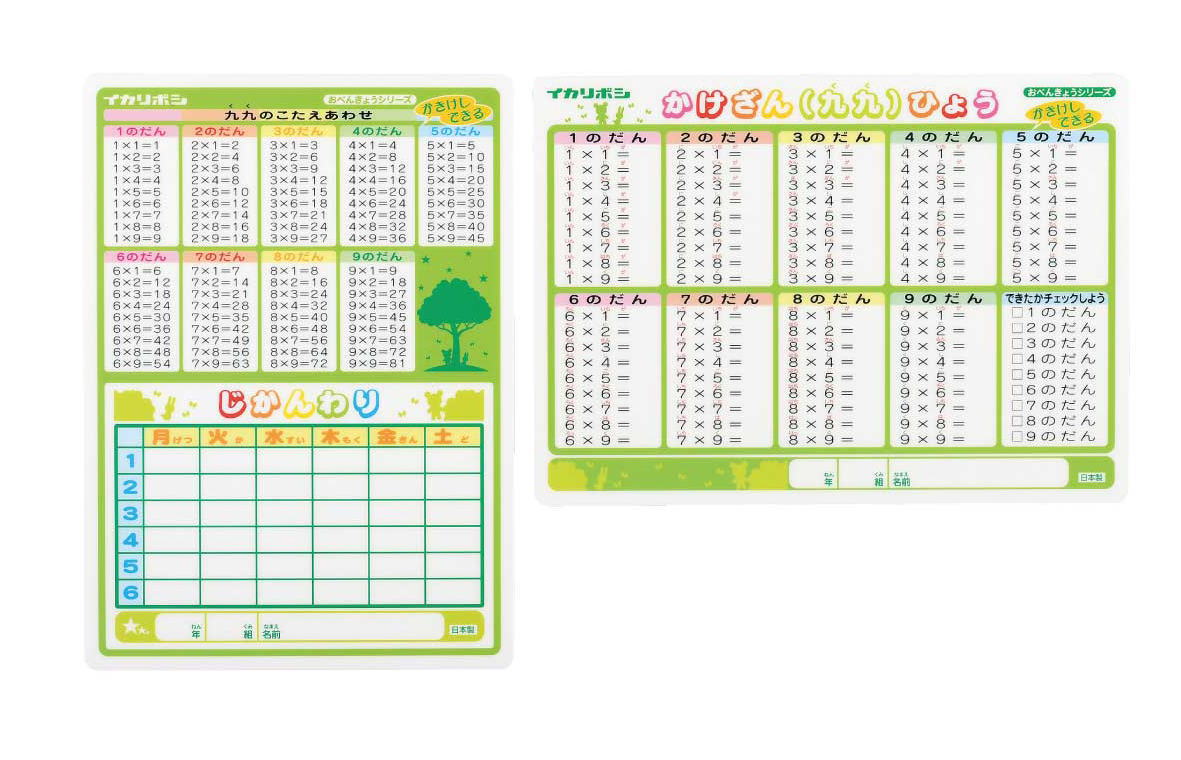 えんぴつ・クレヨンで、直接下敷きに何度でも書いて消せるお勉強下敷き。 繰り返し使える掛け算の下敷き！裏は時間割表として使える！ サイズ：182×252mm 材質：塩化ビニル