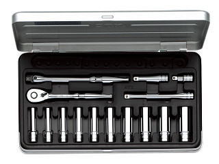 差込角　6.35(1/4") 　 ◆質量：1.3kg 　 【セット内容】　全15点 ディープソケット　(6角) B2L-05、055、06、07、08、10、11、12、13、14 ラチェットハンドル BR2E スピンナハンドル ...