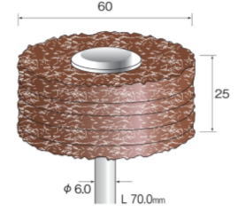 特徴 加工素材へのあたりがソフトでなじみが良く、平面、曲面を問わず作業が出来ます 研削時の発熱が少なく被削材の研削焼けが起こりません 最高使用回転数:3,000rpm 粒度:#240 適合機器 ボール盤、電気ドリル MINIMO推奨ハンドピ...