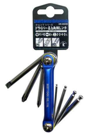 軽量!!アルミボディのハンディーツール 　 折込式のレンチシリーズ!! 用途に応じてお選び下さい。 品番 品名 セット内容 SR-6D ドライバーセット +#0、#1、#2　+3、5、6mm SR-6DHM ドライバーセット&amp;六角棒...