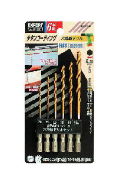 鉄工、軽金属の穴あけに 木材、樹脂の穴あけに 　 用途：一般鋼材・軽金属・木材・樹脂 材質：チタニウムコーティング(母材：HSS) 　 六角軸：6.35mm セット内容：Φ2.0/2.5/3.0/3.5/4.0/5.0mm