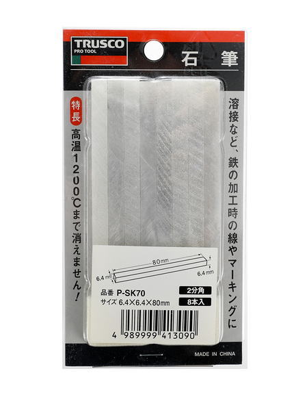 ★特徴★ 1200℃まで消えません 溶接・溶断のため鉄板などへのケガキ入れ 鉄鋼材の産業資材へのマーキングとして ★仕様★ 形状：2分角 寸法(mm)：6.4×6.4×80 材質：滑石（かっせき） 入数：8本