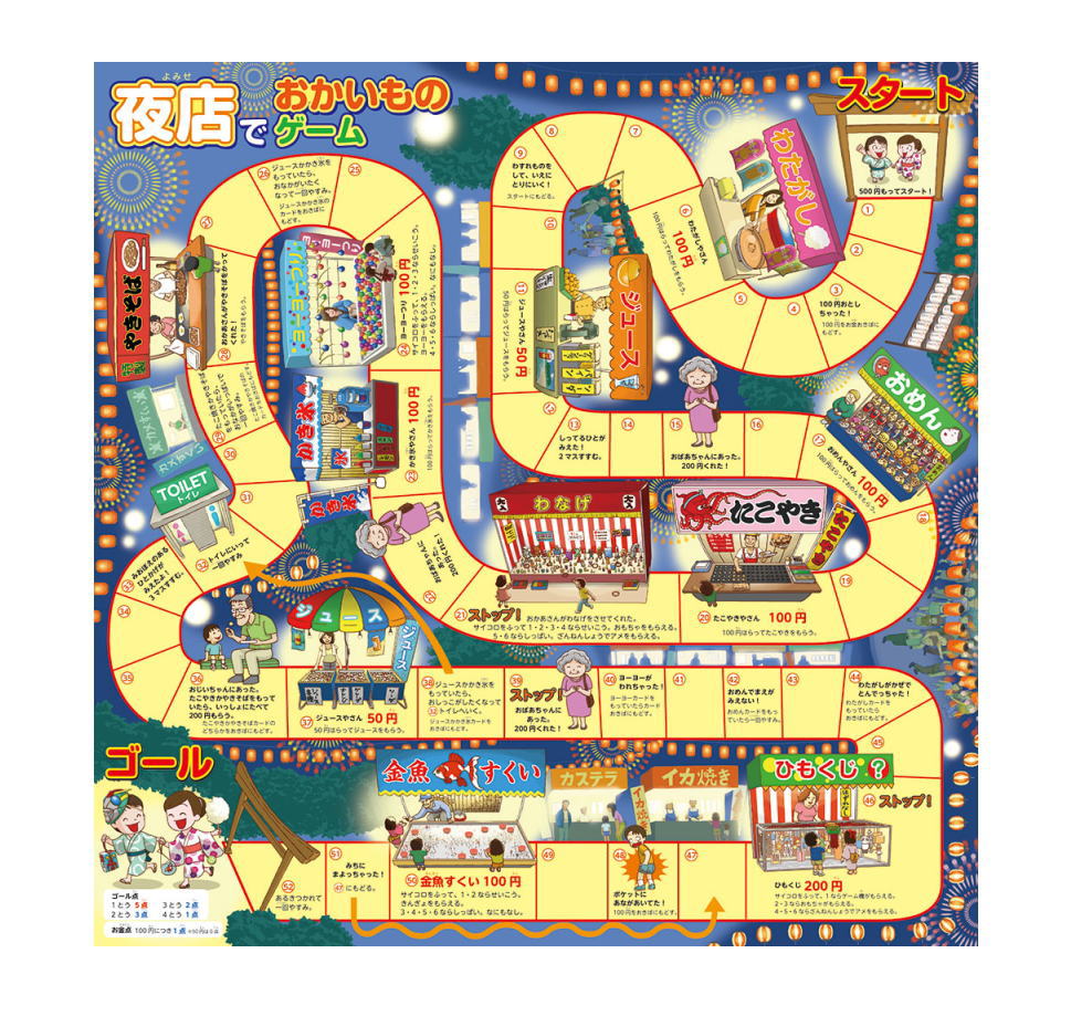 持ち運びに便利なコンパクトサイズのすごろくです。 夜店をまわっておもちゃや食べ物を買い物するすごろくです。 テレビやスマートフォンでも遊べます。 楽しく遊びながら、お金を払って、商品とおつりをもらう練習もできます。 紙版：2～4人用 アプリ...