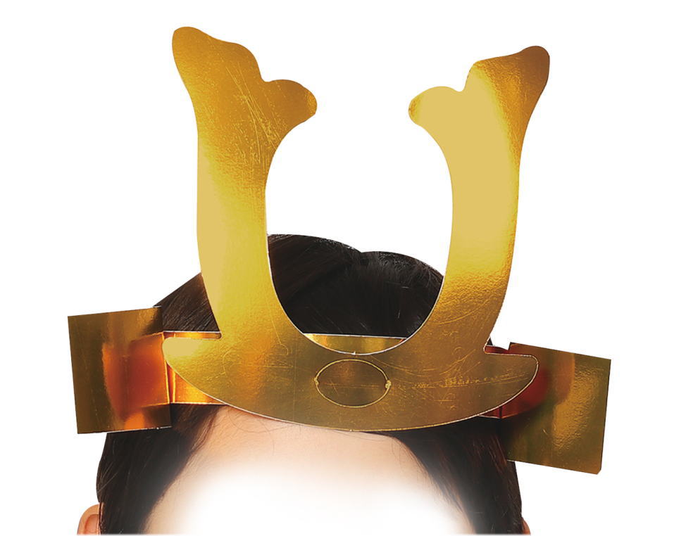 のり、はさみ不要で作れる！かぶれる！兜！ サイズ：620×170mm、金台紙：297×210mm、帯金台紙：620×30mm セット内容：きんかぶとかざりだいし 1枚、きんおびだいし 1枚、表紙取説 手作り兜