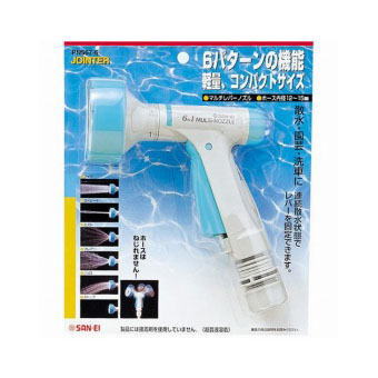 　 ●6パターンの散水機能 ●ホースがねじれないジョイント ●適合ホース：内径12〜15、外径18〜20 ●材質：ABS樹脂、ポリアセタール 　 注)一時止水に使用してください。使用後は元の水栓を閉めて下さい。 ホースが外れて漏水し、家財損...