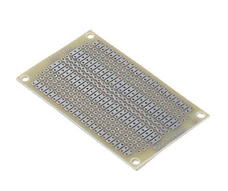 ・用途:電源ライン、DIP-IC用連結パターン ・寸法:47mm×72mm ・片面/両面:片面 ・材質:ガラスコンポジット ・板厚:1.2t ・仕上処理:ハンダ、部品面シルク印刷 ・パターン:2.54mmピッチ、ICパターン、穴径1.0φ