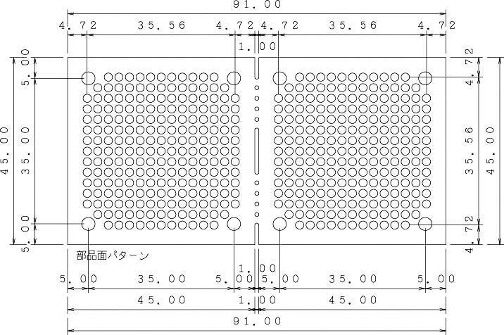 ・小型基板(正方形)、2枚つづき ・試作した電子回路を実配線し、動作確認ができます ・電子工作や試作実験に最適です ・寸法:45mm×91mm ・片面/両面:両面 ・材質:ガラスコンポジット ・板厚:1.6t ・仕上処理:スルホールハンダ ...