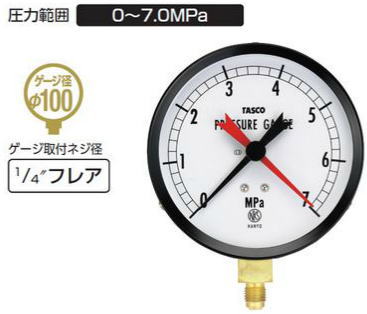 圧力範囲：0〜7MPa 文字盤：Φ100 ゲージ取付ネジ径：1/4"フレア