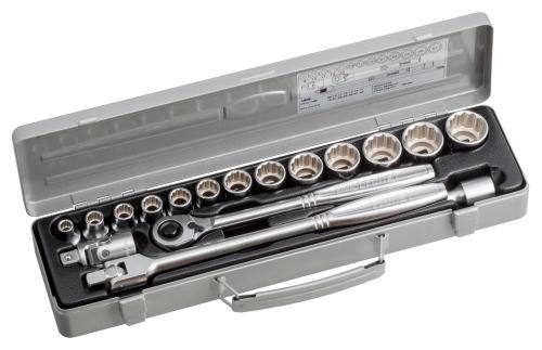 ソケット13個の売れ筋セット(二面幅8mm〜27mm) 　 差込角　12.7mm(1/2") 【セット内容】全17点　(ソケット：13/ハンドル：4) ソケット(12角) 4D-08、10、11、12、13、14、17、19、21...