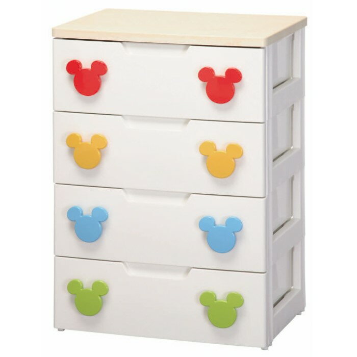 キッズカラー　4段　MHG-554 の単品販売となります。キャラクター（ミッキー）が付いた木天板付きチェストです。おむつや衣類など子供の成長に合わせて使用できます。引出しには開閉がスムーズなスライドレールを採用しています。取っ手はかわいらし...