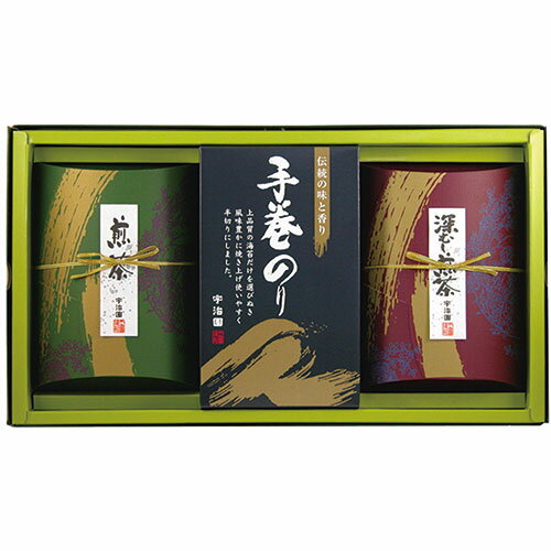 煎茶、深蒸し煎茶、国産焼きのりを詰合わせたアソートギフトです煎茶・深蒸し煎茶/各80g、国産焼き海苔　板のり10枚(半切10枚×2)賞味期限:常温360日アレルゲン:えび・かにパッケージサイズ:229×413×47mm重量:610g
