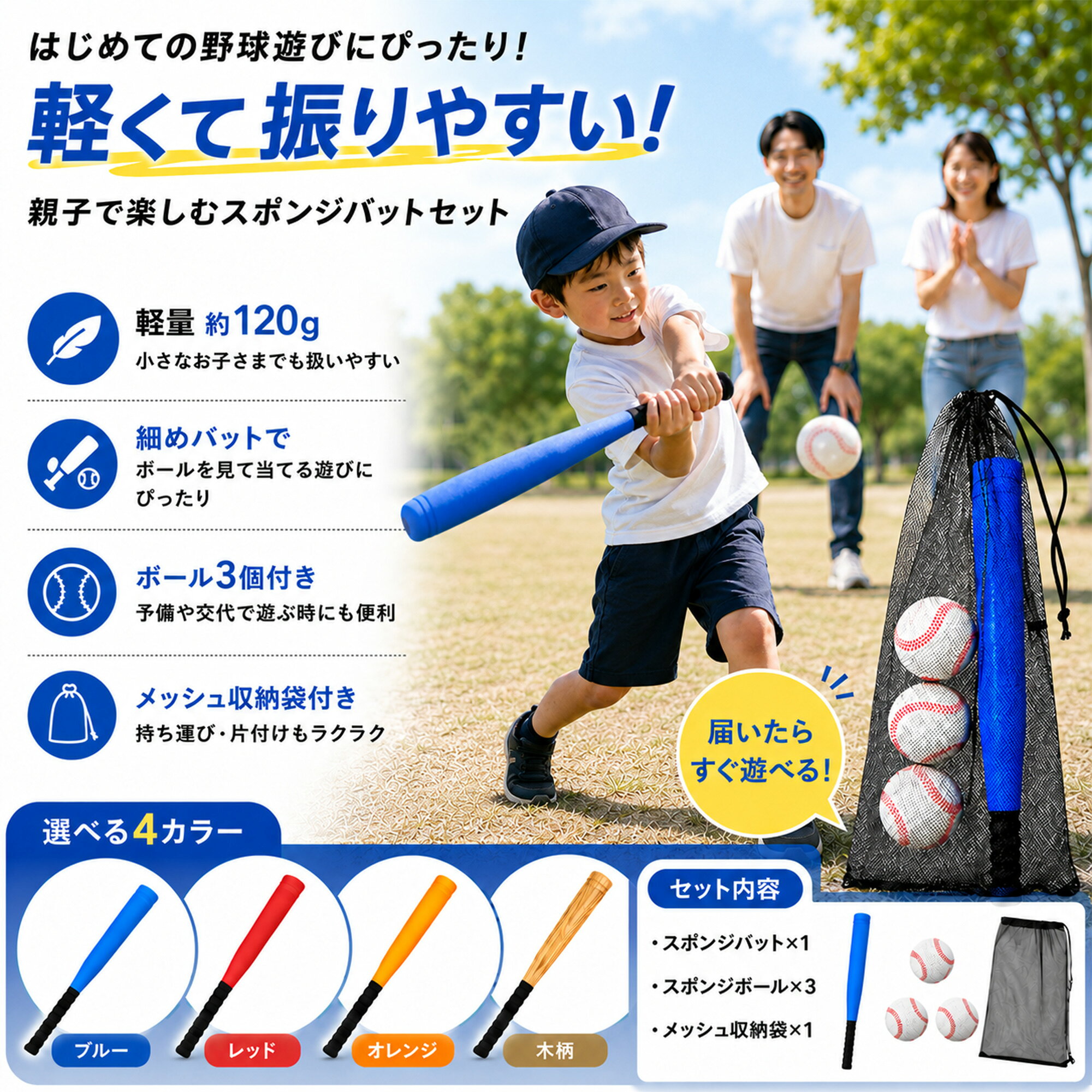 商品名 スポンジバットセット 製品仕様 【サイズ】 60cm 【重量】 約120g 【カラー】 ブルー・オレンジ・レッド・木柄 【セット内容】 スポンジバット・ボール3個・メッシュ収納袋 備　考 30日間保証※レビュー投稿で365日（一年間...