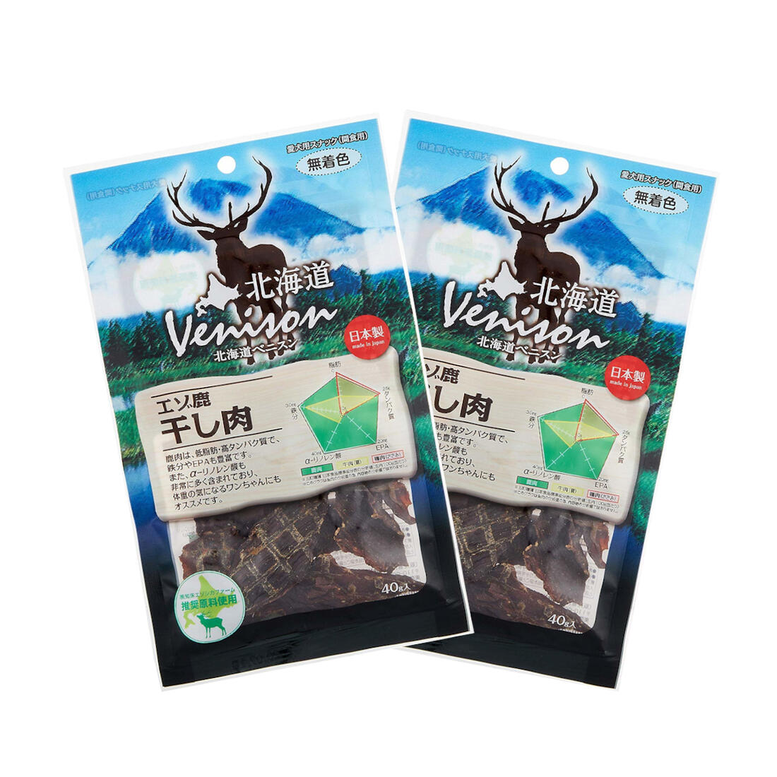 原材料:エゾ鹿肉・D-ソルビトール・グリセリン・リン酸塩Na・保存料（ソルビン酸K）・発色剤（亜硝酸Na）サイズ:W140xD240xH20(mm)原料産地:日本重量:40g×2袋内容量:40g×2袋低脂肪でα-リノレン酸がとても豊富で鉄分...