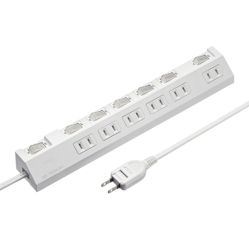 【コード色】ホワイト 【定格容量】15A・125V(1500Wまで) 【差し込み口形状】2P 【プラグ】2P(絶縁キャップ付きスイングプラグ) 【差込口】2P・6個口(ノーマルタイプ) 【差込口間隔】36mm 　　　　　　　一番端の差込口の...