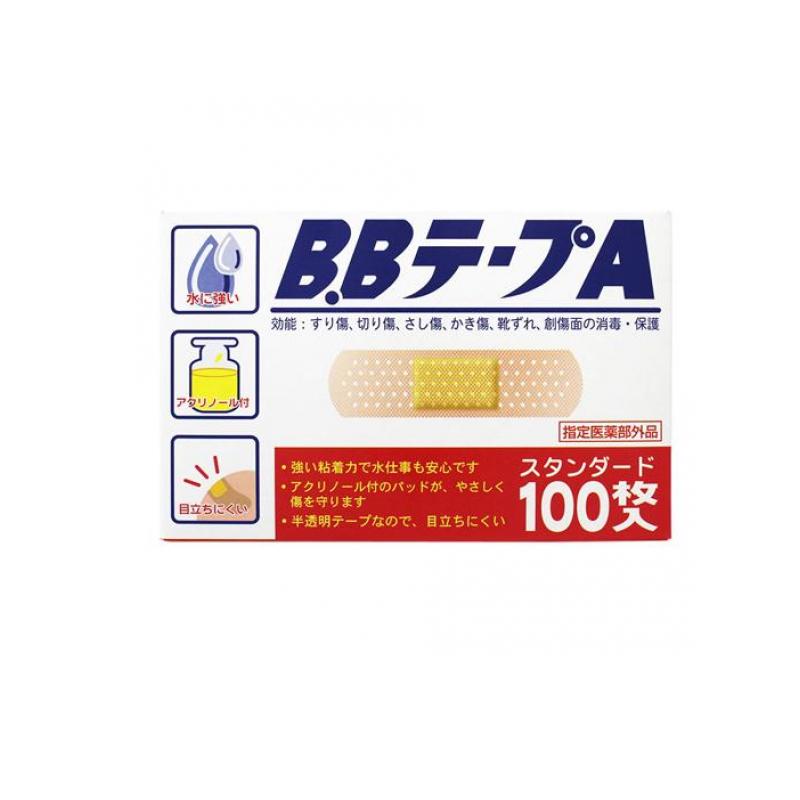【商品名】 B.BテープA スタンダード 【効能・効果】 すり傷、切り傷、さし傷、かき傷、靴ずれ、創傷面の消毒・保護 【製造販売会社】 共立薬品工業 【用法・用量】 剝離紙をはがしパッドの部分を患部に当て貼付する。 【成分・添加物】 パッド...