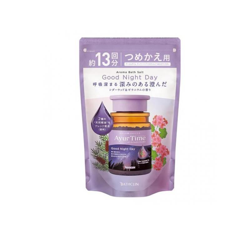【商品名】 アーユルタイム グッドナイトデイ 【製造販売会社】 バスクリン（BATHCLIN） 【ご使用について】 【使用方法】 お風呂の湯（200L）に約40gの割合で本品を溶かしてから入浴します。 〈入浴後のおすすめ呼吸法〉 ・親指で右...