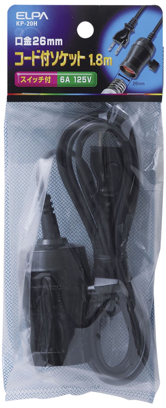 ◆商品名：エルパ (ELPA) コード付ソケット 電球 ソケット 125V/6A E26 約1.8m KP-20H本体サイズ(約):幅80mm×高さ200mm×奥行40mm、コード長(約):1.8mカラー:ブラック口金:E26重量(約):1...