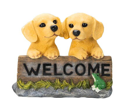 2匹のウェルカムボード持ちドックレトリバー 玄関先で、愛らしいしぐさと表情でお出迎え♪ サイズ：31x15xH28cm 素材：ポリレジン製 モニターの発色の具合によって実際のものと色が異なる場合があります 当店では、サービス向上の一環として...