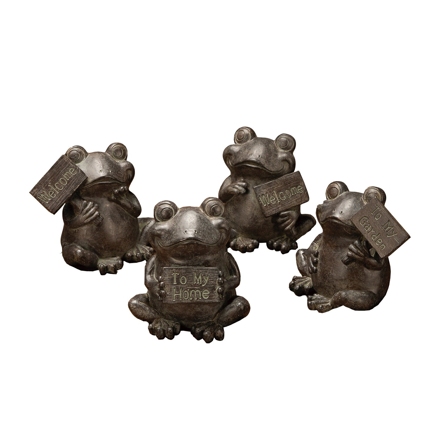 アンティークカエル 置物　4種セット アンティーク調に仕上げています。 4匹のカエルさんたちが、ボードを持って可愛いポーズでお出迎え 玄関先やお部屋のインテリアにも最適 サイズ：10x7.5xH9cm 素材：ポリレジン製 モニターの発色の具...