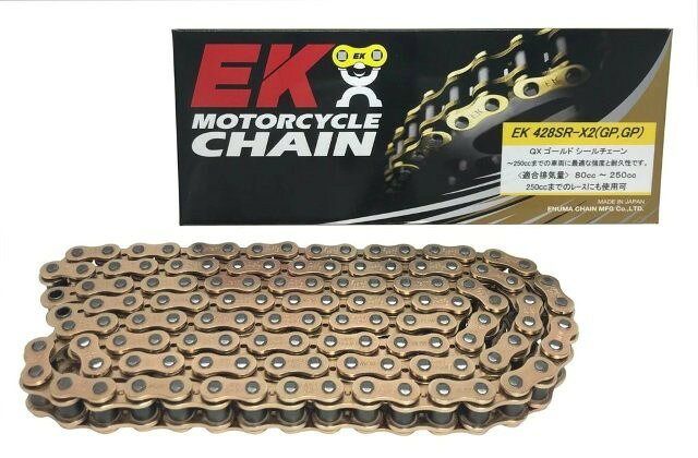 ※画像はイメージでございます。 ブランド名 : EK チェーン サイズ : 428SR-X2(GP;GP) リンク数 : 114 付属ジョイント : SKJ ジョイントタイプ : 圧入クリップ カラー : ゴールド JANコード : 457...