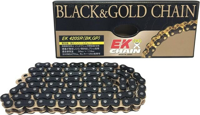 ※画像はイメージでございます。ブランド名 : EK チェーンサイズ : 420SR(BK;GP)リンク数 : 88付属ジョイント : SPJジョイントタイプ : クリップカラー : ブラック/ゴールドJANコード : 45822528501...