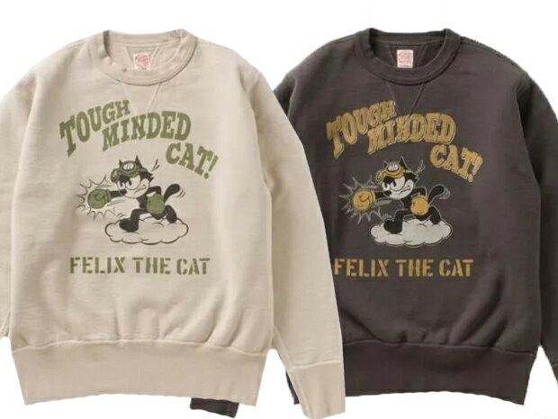カラー：サンド カラー：ブラック HEAVYWEIGHT SWEAT SHIRT FELIX THE CAT "TOUGH MINDED CAT!" TOUGH MINDED CAT=不屈の闘志をもつ猫、のタイトルとともに、雲の上からストレ...