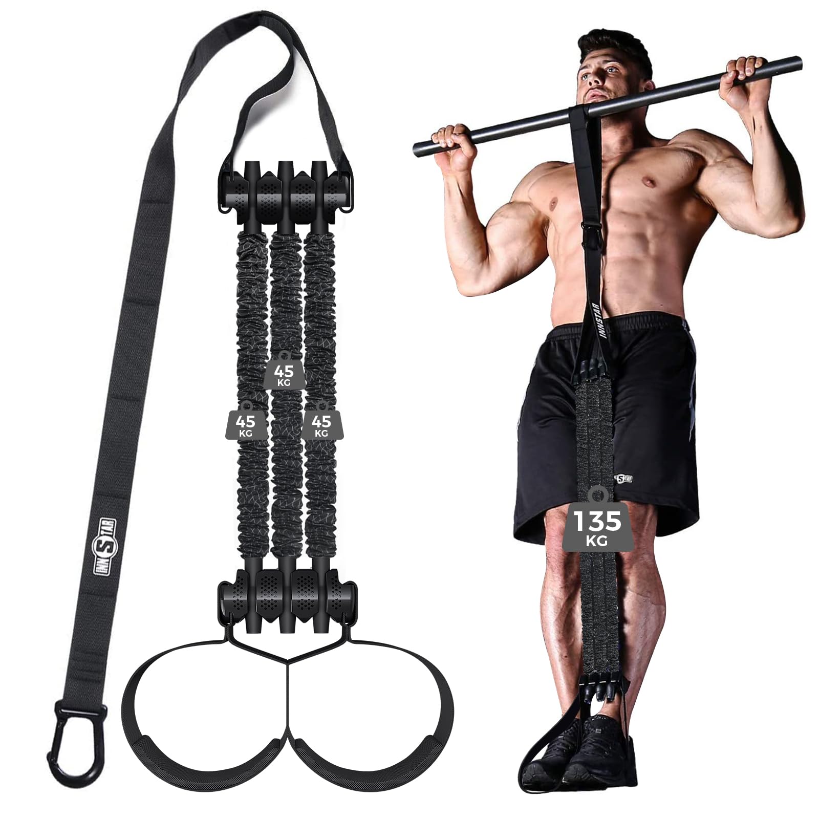 ・1.特許取得済みのデザイン：長さの調整が簡単で、バーに固定するのも簡単です。それぞれの高さの位置に固定して、異なるの筋肉群をトレーニングすることができます！！！棒は付かない・2.フィットネスのプロと初心者に最適：この製品は多種多様な人に適...