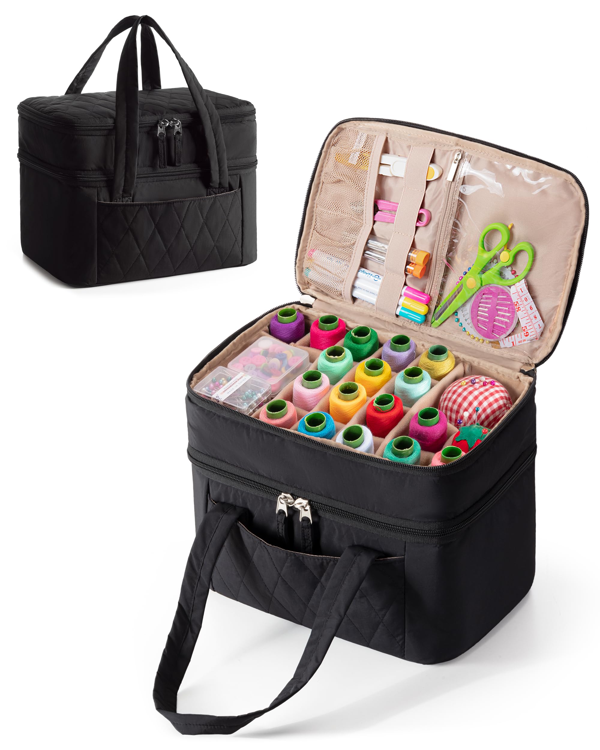 ・大容量：この二層式裁縫ボックスは、あらゆる裁縫道具を仕分けてきちんと収納し、自宅でも外出先でも整理整頓しやすいです。（寸法：29 x 16.5 x 13+5 cm）・上層部には、糸や小さなアクセサリーを整理できる仕切りが縫い付けされていま...