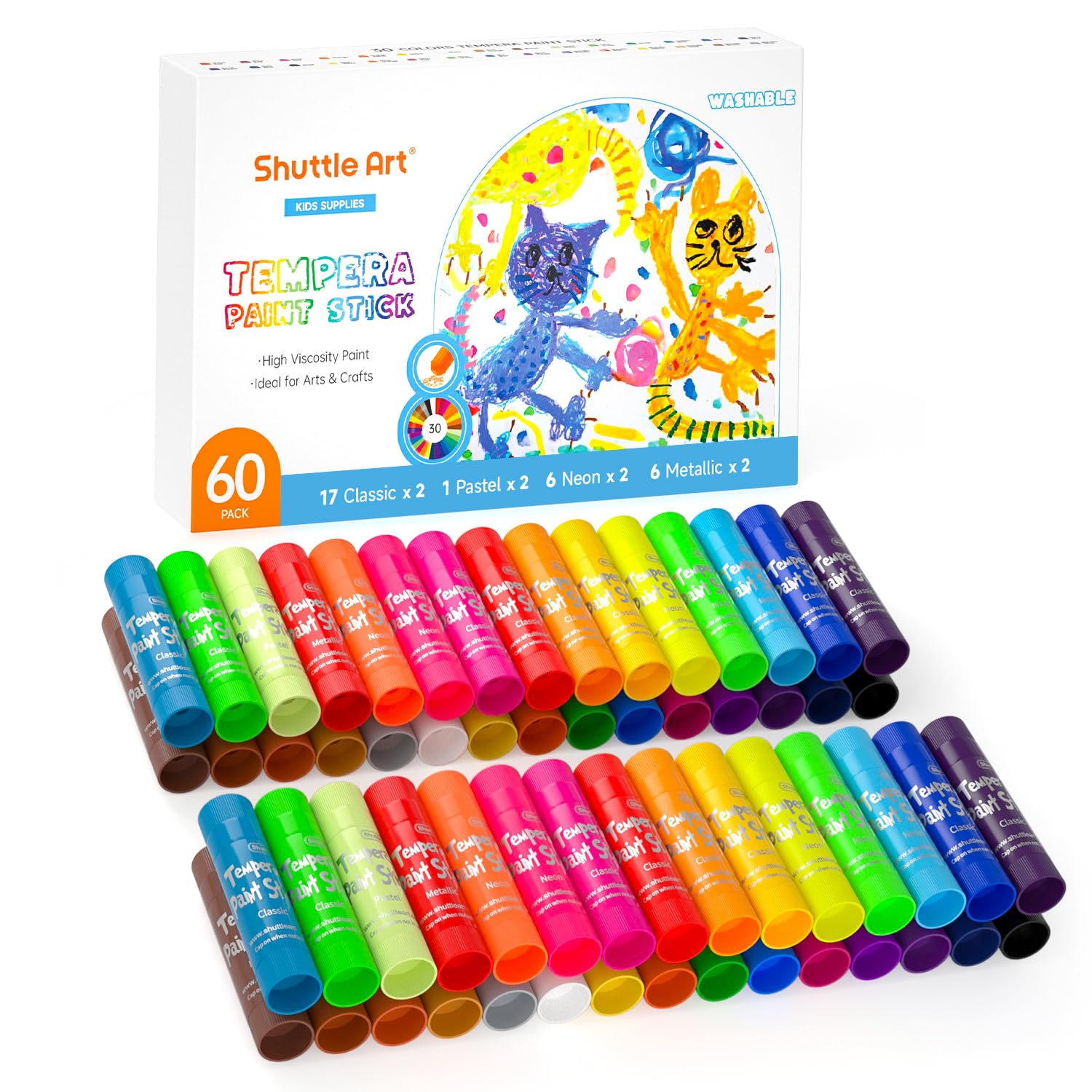 ・【大容量な60本セット】18色のプライマリーカラー、6色のメタリックカラーと、6色のネオンカラーを揃った色数豊富なテンペラペイントスティックを2セット入れています。本数が多くなってお互いにシェアでき、お子さんが多いご家庭や幼稚園、保育園、...