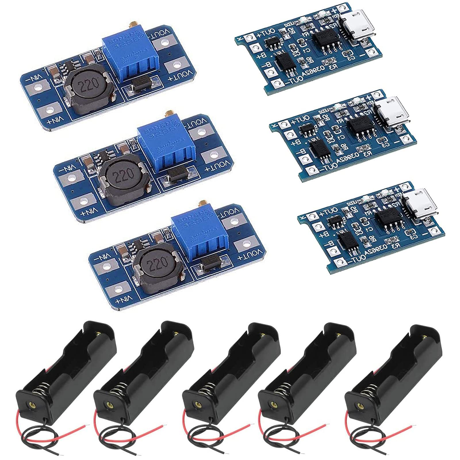 ・パッケージの内容：TP4056 リチウムイオン充電モジュール 3個入り MT3608 2A DC-DC 昇圧電源モジュール 3個入り 18650 バッテリーボックス 5個入り・TP4056充電モジュール：入力電圧：5V;バッテリー過放電保...