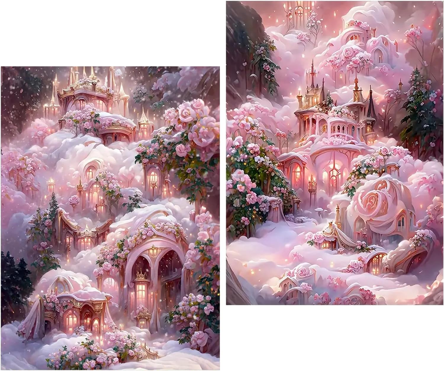 ・【5 Dダイヤモンドアート キット】ピンクの城 2個セット 四角いビーズ ダイヤモンドアートには必要なすべてのツールが付属しています。高精細日本語キャンバスx2枚、ダイヤモンドペンx2本、粘土糊x2個（2x2cm）、ビーズトレイx2個、カ...