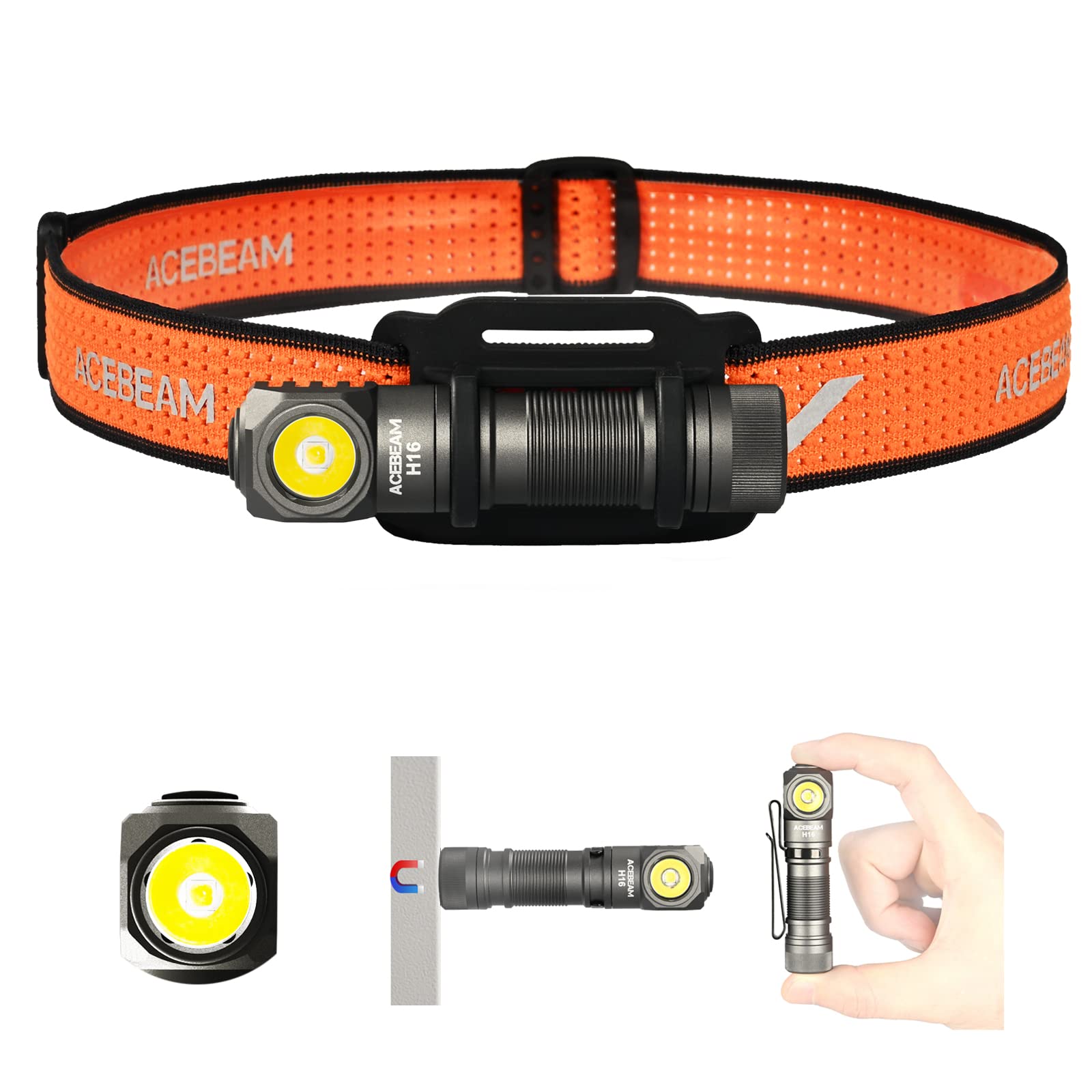 ・【超軽量＆高輝度 - 小型ながら強力な明るさ】 Acebeam H16ヘッドランプは、6500KのクールホワイトLEDが放つ最大1000ルーメンの広角110°フラッドビームを、バッテリー＆ヘッドバンド込みでわずか71gの超軽量ボディ（サイ...