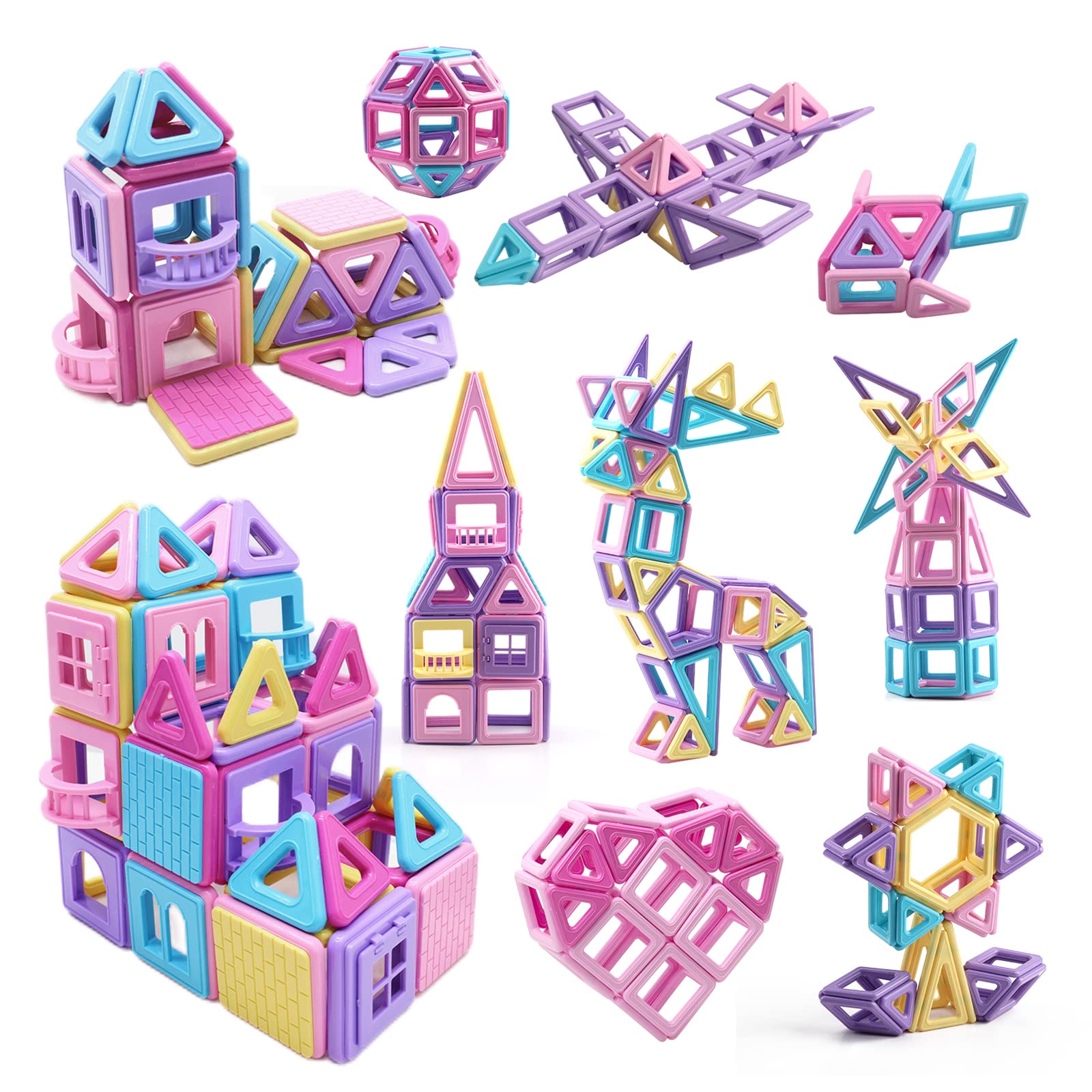 ・【豊かなブロックセット】人気なマグネット玩具には、磁気ブロック45個 、パネルパーツ13個を含まれています。三角形×20pcs、正方形×25pcs、壁/窓×13pcs、日本語説明書×1pcs、収納袋×1pcs。お城、恐竜、車、ロケット、亀...