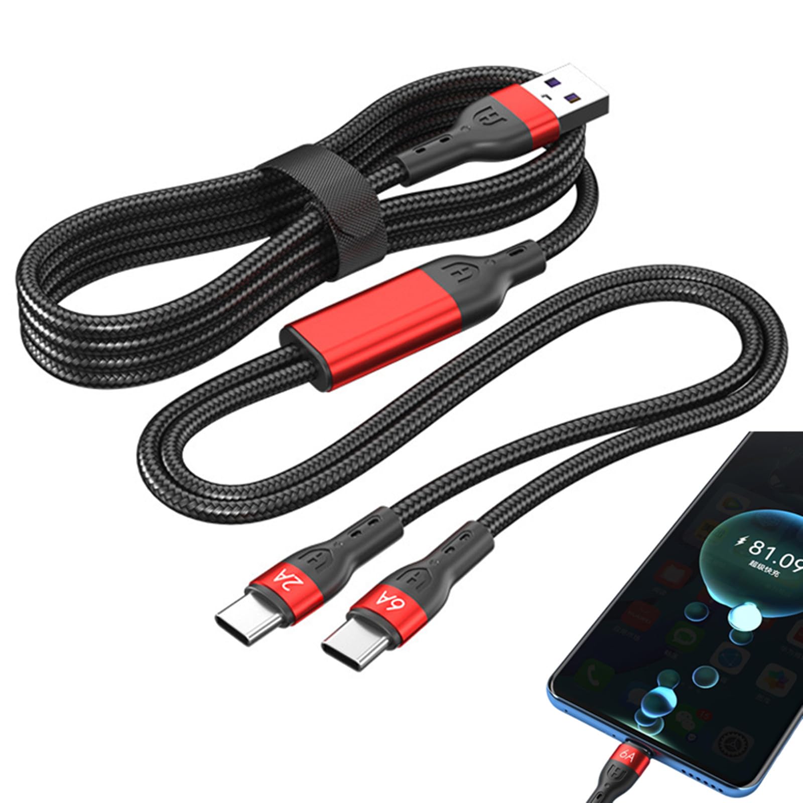 ・・ 【2in1 充電ケーブル】二股Type-C端子2in1 充電ケーブルです。タイプC搭載のデバイスに2台同時に急速充電でき。色：赤/黒。注意：色はランダムに出荷されます，っておりますのでご了承ください。・・ 【汎用互換性】急速充電プロト...