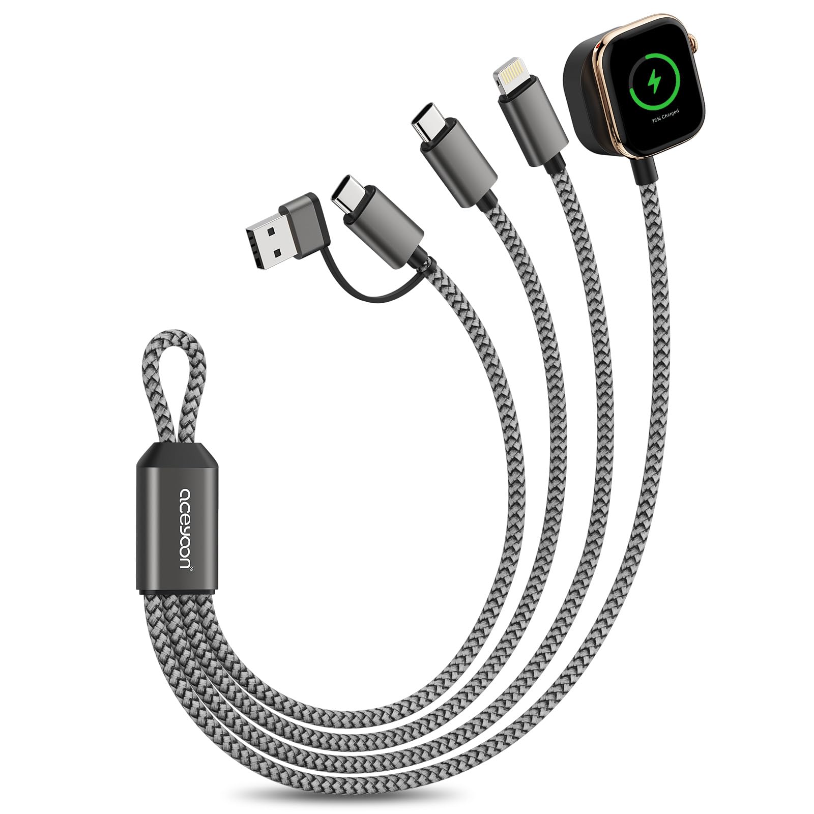 ・【3 in 2 マルチ充電ケーブル】このマルチ充電ケーブルは、従来の単一充電モードを打破し、2つの入力ポートと3つの出力ポートを備え、USB A - USB C/Lightning/Watch、USB C - USB C/Lightnin...